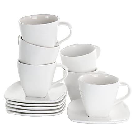 Elama Market 12 Piece Porcelain Square Cup And Saucer Set 10 Oz White ...