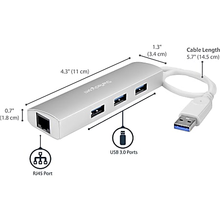 StarTech.com 3 Port Portable USB 3.0 Hub plus Gigabit Ethernet Built In ...