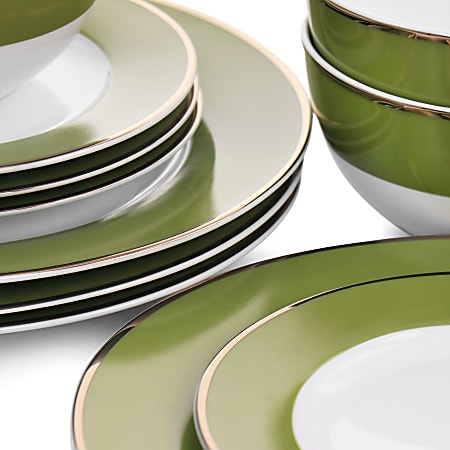 Martha Stewart Gold Rimmed 12 Piece Fine Ceramic Dinnerware Set Green ...