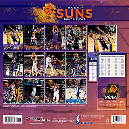 Turner Sports Monthly Wall Calendar 12 x 12 Phoenix Suns January to ...