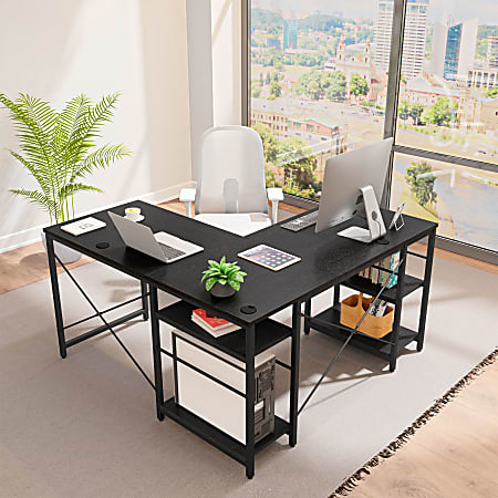 Bestier L Shaped Corner Computer Desk With Storage Shelf 3 Cable Holes ...