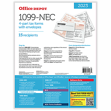 Office Depot Brand 1099 NEC Laser Tax Forms 4 Part 3 Up 8 12 x 11 Pack ...