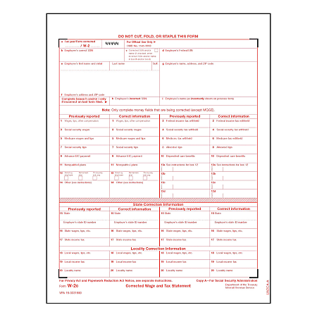 W-2c 4-part Set Corrected Wage And Tax Statement 25 Pack 1 IRS Form W ...