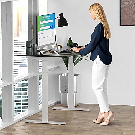 Rise Up Electric Standing Desk 48x30 Black Bamboo Desktop Dual Motors Adjustable Height White Frame 26 51.6 with memory Upgrade to a truly ergonomic motorized sit stand up office desk featuring premiu...