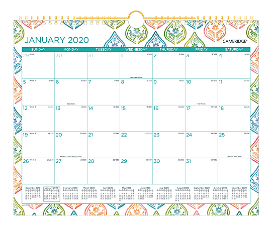 Cambridge Anna Monthly Wall Calendar 15 x 12 GreenWhite January To ...