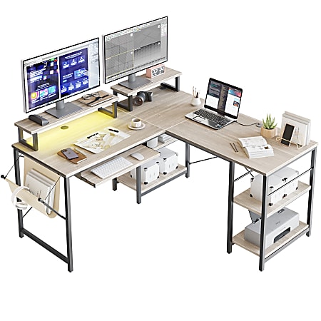 Bestier L Shaped Corner Computer Desk With Storage Shelf Monitor Stands Side Pocket And Tray 60 W White Office Depot