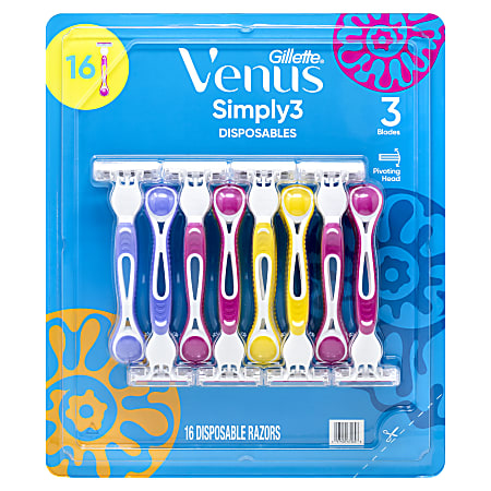 Venus Simply3 Disposables Assorted Colors Pack Of 16 Razors - ODP ...