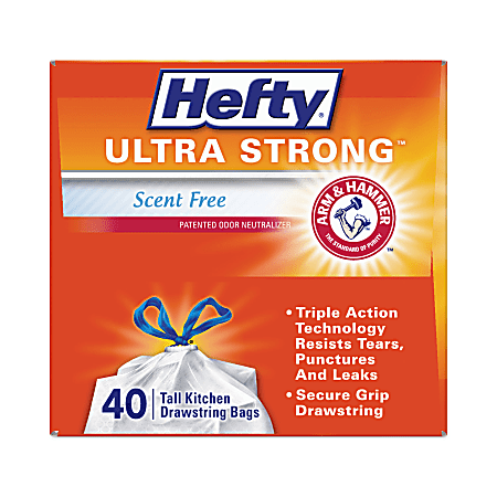 Hefty Ultra Strong Tall Kitchen Trash Bags Drawstring 13 gal 23.75 x 24 ...