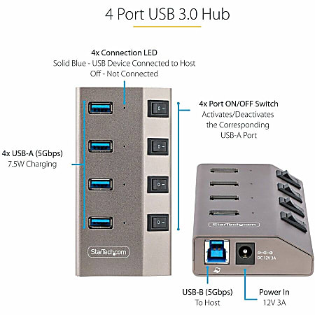 StarTech.com 4 Port Self Powered USB C Hub with Individual OnOff Switch DesktopLaptop USB C to ...