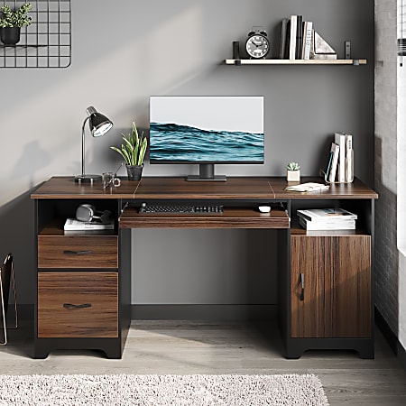 Bestier 59 W Executive Computer Desk With Open Storage Cabinet Cherry ...