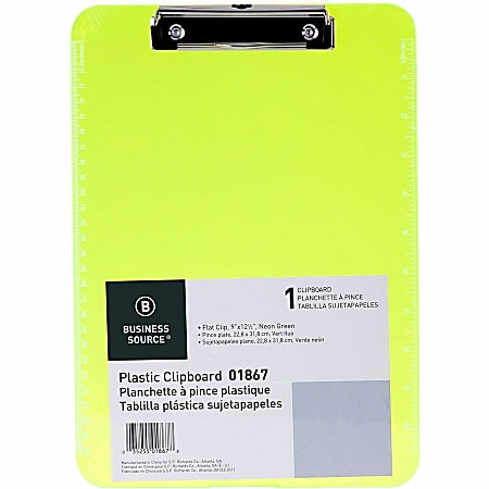 Sparco Plastic Clipboard With Flat Clip 8 12 x 11 Neon Green - Office Depot