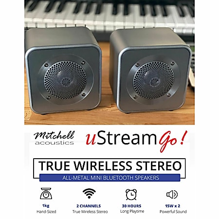 Mitchell Acoustics USTREAMGO 30W Bluetooth Wireless Stereo Speakers Silver Gray Set Of 2 ...