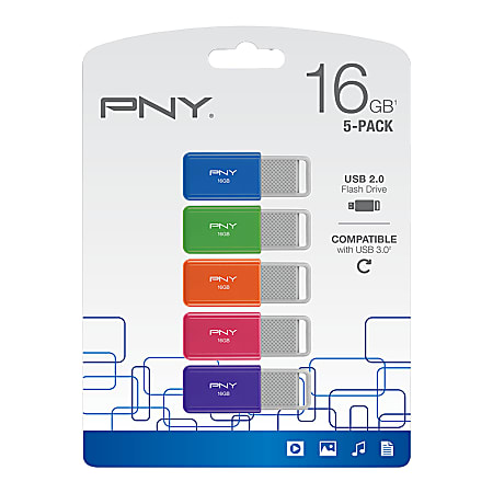 PNY USB 2.0 Flash Drives 16GB Assorted Colors Pack Of 5 Flash Drives ...