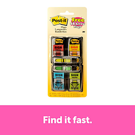 Post it Flags 1 in. x 1.7 in. 4 Dispensers 50 FlagsDispenser Assorted Colors Printed Sign Here Back to School Supplies for Students Flags for Textbooks and Notebooks Office Depot