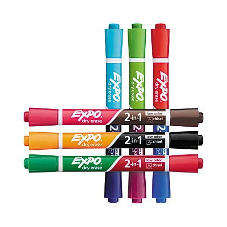 EXPO 2 in 1 Dry Erase Markers Chisel Tip Assorted Ink Colors Pack Of 6 ...