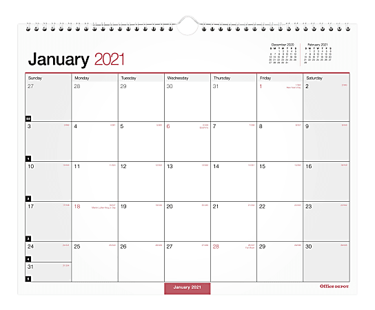 Office Depot Brand Monthly Wall Calendar 15 x 12 White January To ...