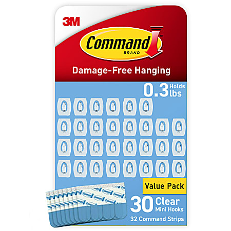 Command Mini Wall Hooks 30 Hooks 32 Clear Adhesive Strips Damage Free ...