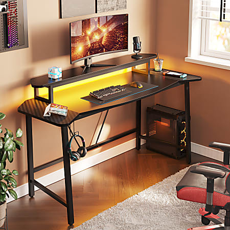 Bestier 63 W Gaming Desk With Aircraft Arc LED Lights Monitor Stand Black ODP Business Solutions
