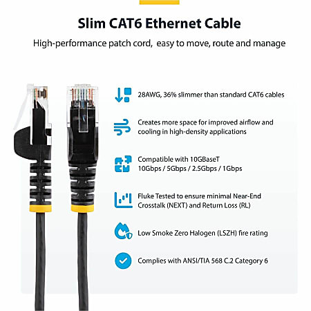 StarTech.com 6in CAT6 Cable Slim CAT6 Patch Cord Black Snagless RJ45 ...