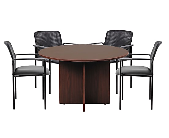 Boss Office Products 42 Round Table And Stackable Guest Chairs Set MahoganyBlack Office Depot