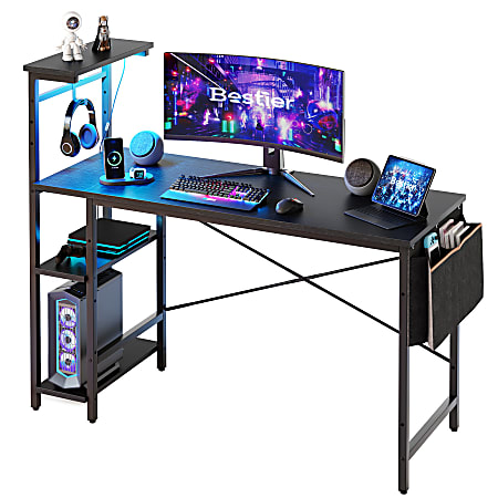 Bestier RGB Gaming Desk With Storage Shelf Side Pocket 52 W Black Grained Office Depot