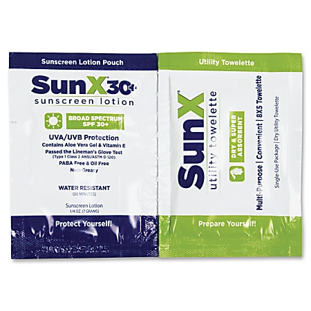 SunX SPF 30 Single Use Sunscreen LotionTowelette Combo in Wallmount Dispenser Box of 50 - Office ...