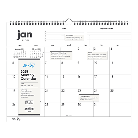 2025 Blue Sky Monthly Wall Calendar 15 x 12 To Do January 2025 To ...
