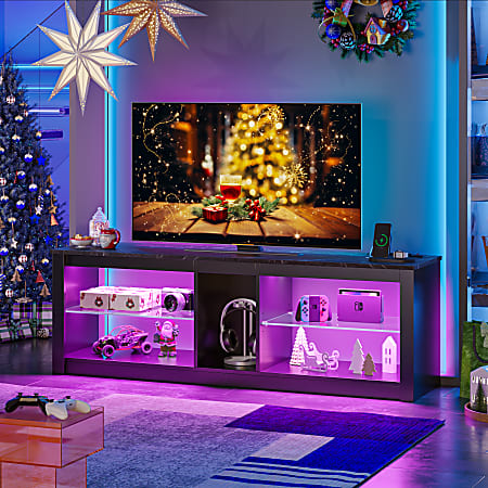Bestier 55 LED Gaming TV Stand For 65 TV With Power Outlet Adjustable Glass Shelves 18 12 H x 55 18 W x 13 1316 D Black Marble ODP Business Solutions