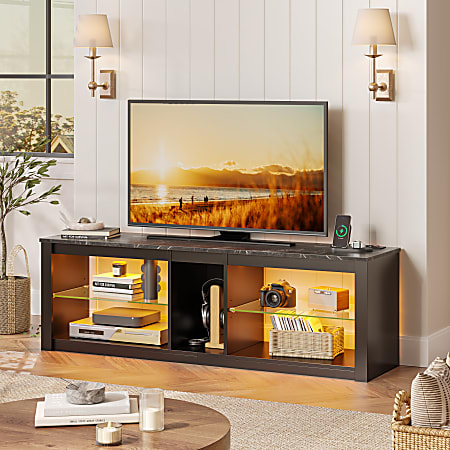 Bestier 55 LED Gaming TV Stand For 65 TV With Power Outlet Adjustable Glass Shelves 18 12 H x 55 18 W x 13 1316 D Black Marble ODP Business Solutions