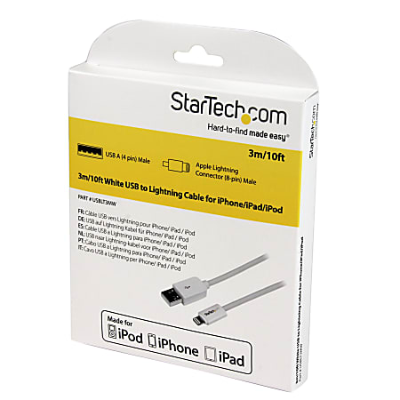 StarTech.com 3m 10ft Long White Apple 8 pin Lightning Connector to USB ...