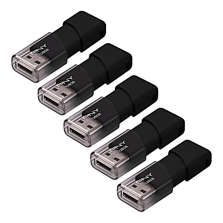 PNY Attach 3 USB 2.0 Flash Drives 128GB Black Pack Of 5 Drives - Office ...