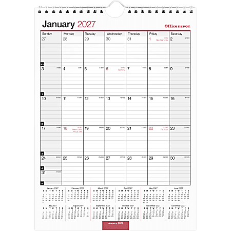 Office Depot Brand Monthly Wall Calendar 8 x 11 White January 2027 to ...