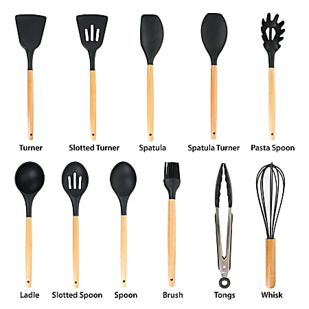 MegaChef Silicone And Wood Cooking Utensils Black Set Of 12 Utensils ...