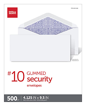 Office Depot Brand 10 Security Envelopes 4 18 x 9 12 Gummed Seal White ...