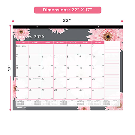 2026 Blueline Monthly Desk Pad Calendar 22 x 17 Pink Daisy January To ...