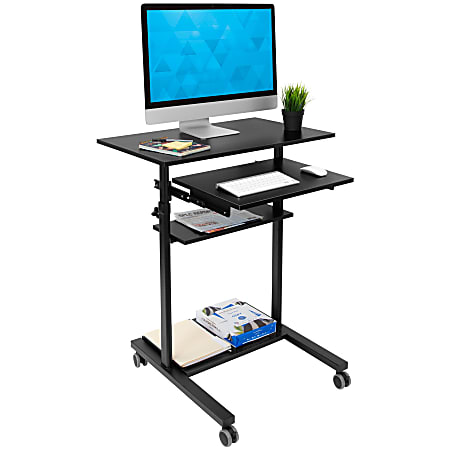 Mount It Mobile Standing Desk Workstation With Retractable Keyboard 55 H x 32 W x 25 34 D Black Office Depot