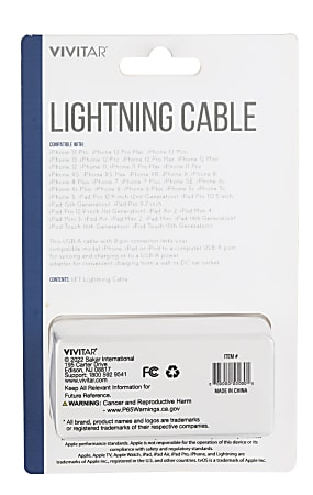 Vivitar Lightning To USB A Cable 6 Black NIL1006 BLK STK 24 - Office Depot