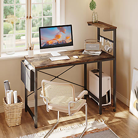 Bestier 45 W Computer Desk With LED Lights And 4 Tier Shelves Rustic ...
