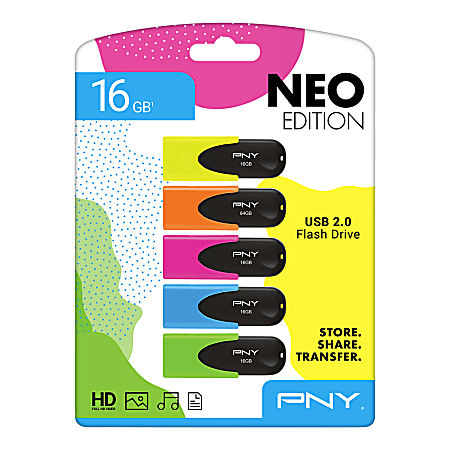 PNY Attach 4 USB 2.0 Flash Drives 16GB Multicolor Neon Pack Of 5 Drives ...