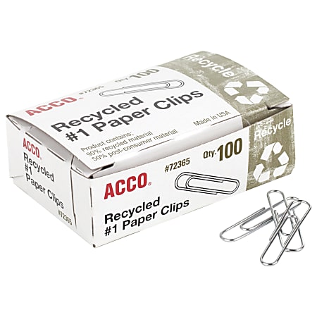 ACCO Paper Clips Box Of 100 No. 1 90percent Recycled Silver - Office Depot