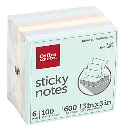 Office Depot Brand Sticky Notes 3 x 3 Assorted Pastel Colors 100 Sheets ...