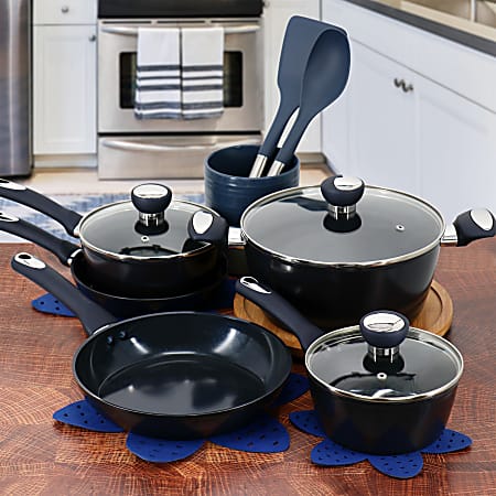 Oster Hawke 14 Piece Aluminum Ceramic Nonstick Cookware Set Dark Blue ...