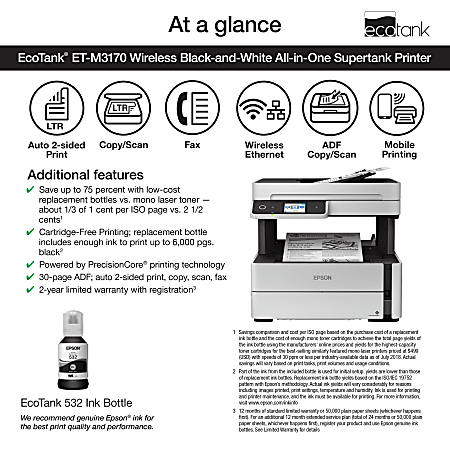 Epson EcoTank ET M3170 SuperTank Wireless All In One Monochrome Printer ...