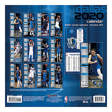 Turner Licensing Monthly Wall Calendar 12 x 12 Dallas Mavericks 2020 ...
