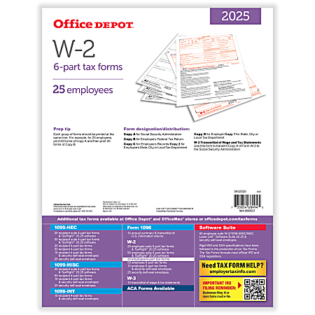 Office Depot W 2 Laser Tax Forms 6 Part 2 Up 8 12 x 11 Pack Of 25 Form ...