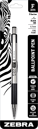 Zebra® Pen F-301 Stainless Steel Retractable Ballpoint Pen, Fine Point ...