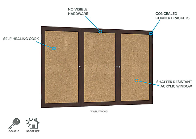 Ghent 3 Door Enclosed Natural Cork Bulletin Board Walnut Wood Frame 48 ...