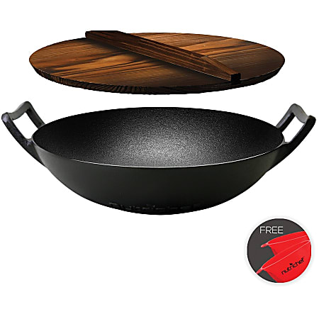 NutriChef Pre Seasoned Cooking Wok Cast Iron Stir Fry Wok with Wooden ...