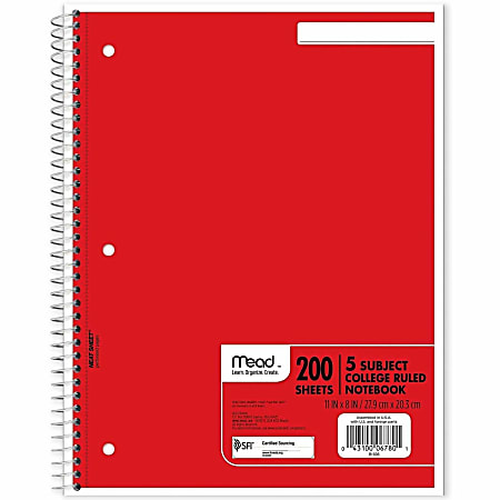 Mead® Wirebound Notebook, 8 1/2" x 11", 5 Subject, 200 Sheets, Assorted ...