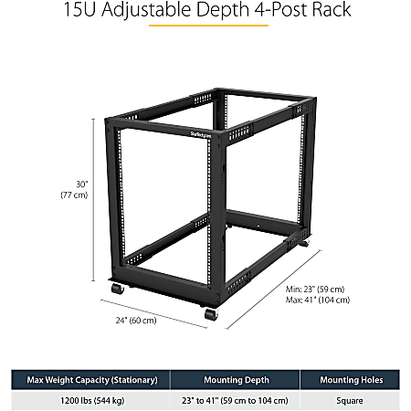 StarTech.com 15U Open Frame Rack 4 Post 22 40 in. Adjustable Depth 1200 ...